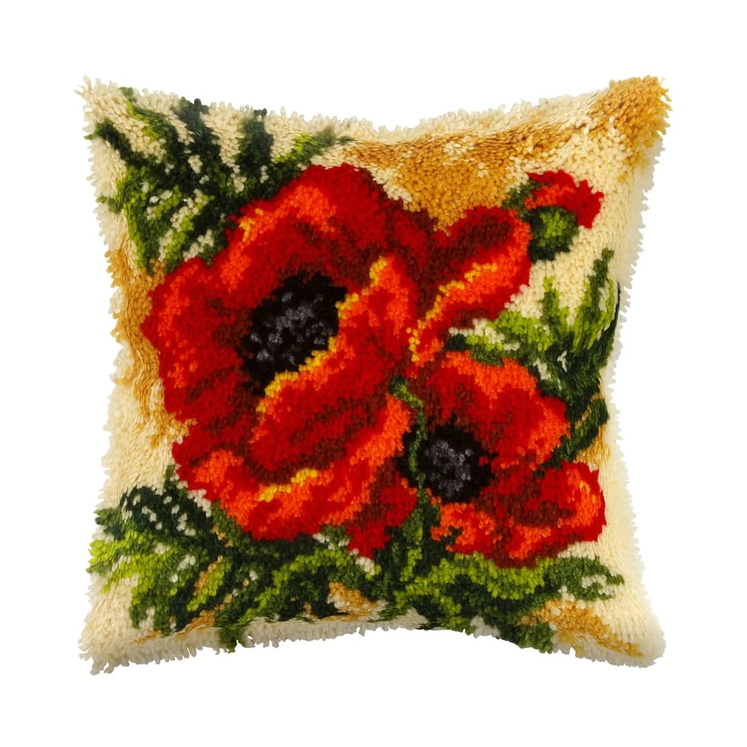 Latch Hook Cushion Kit. Poppy Pattern. Floral Printed Tapestry Canvas ...