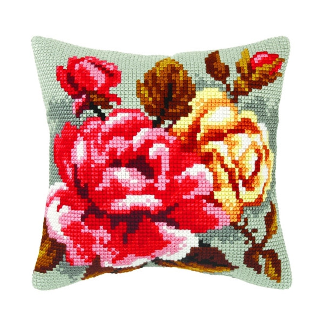 Needlepoint Cushion Kit. Red Roses Printed Tapestry Half Stitch Kit ...