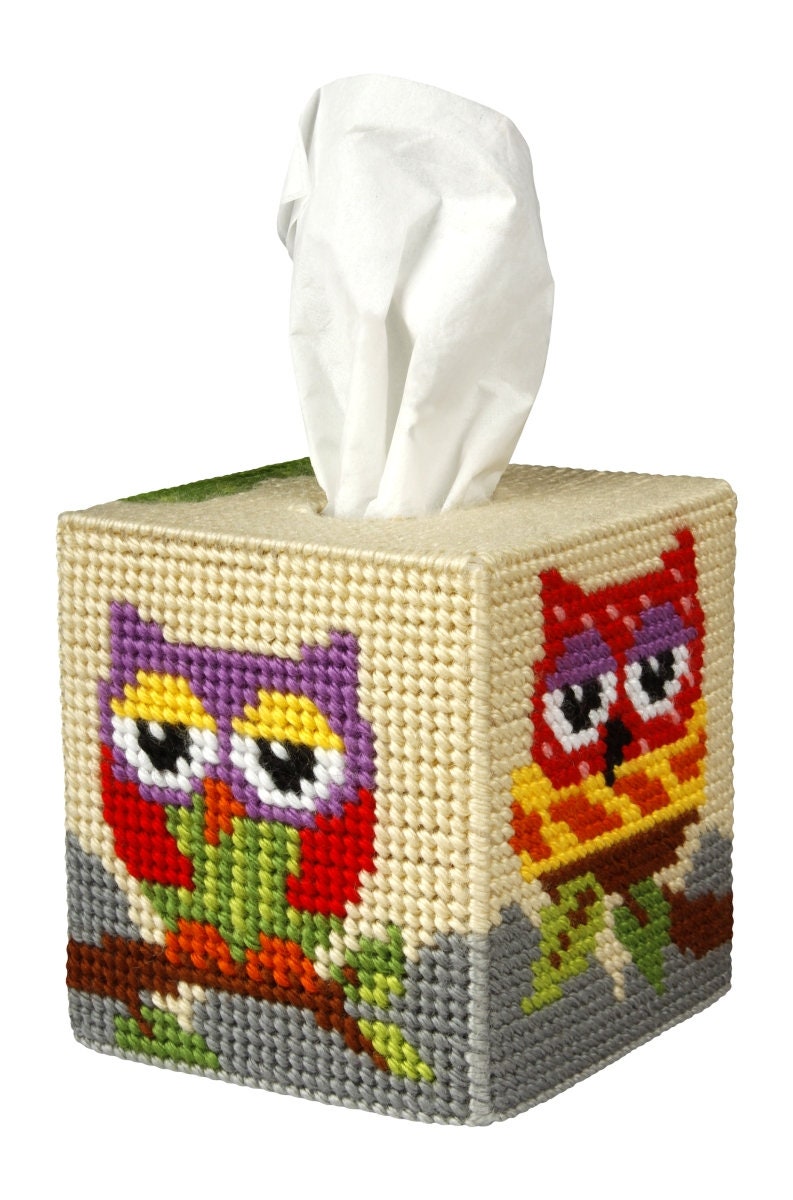 Tissue Box Cover Owls Needlepoint Half Stitch on the Plastic - Etsy
