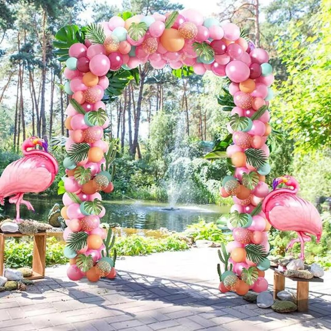 Tropical Flamingo Wizardi Balloon Arch Kit Pink Flamingos. Palm Leaves ...