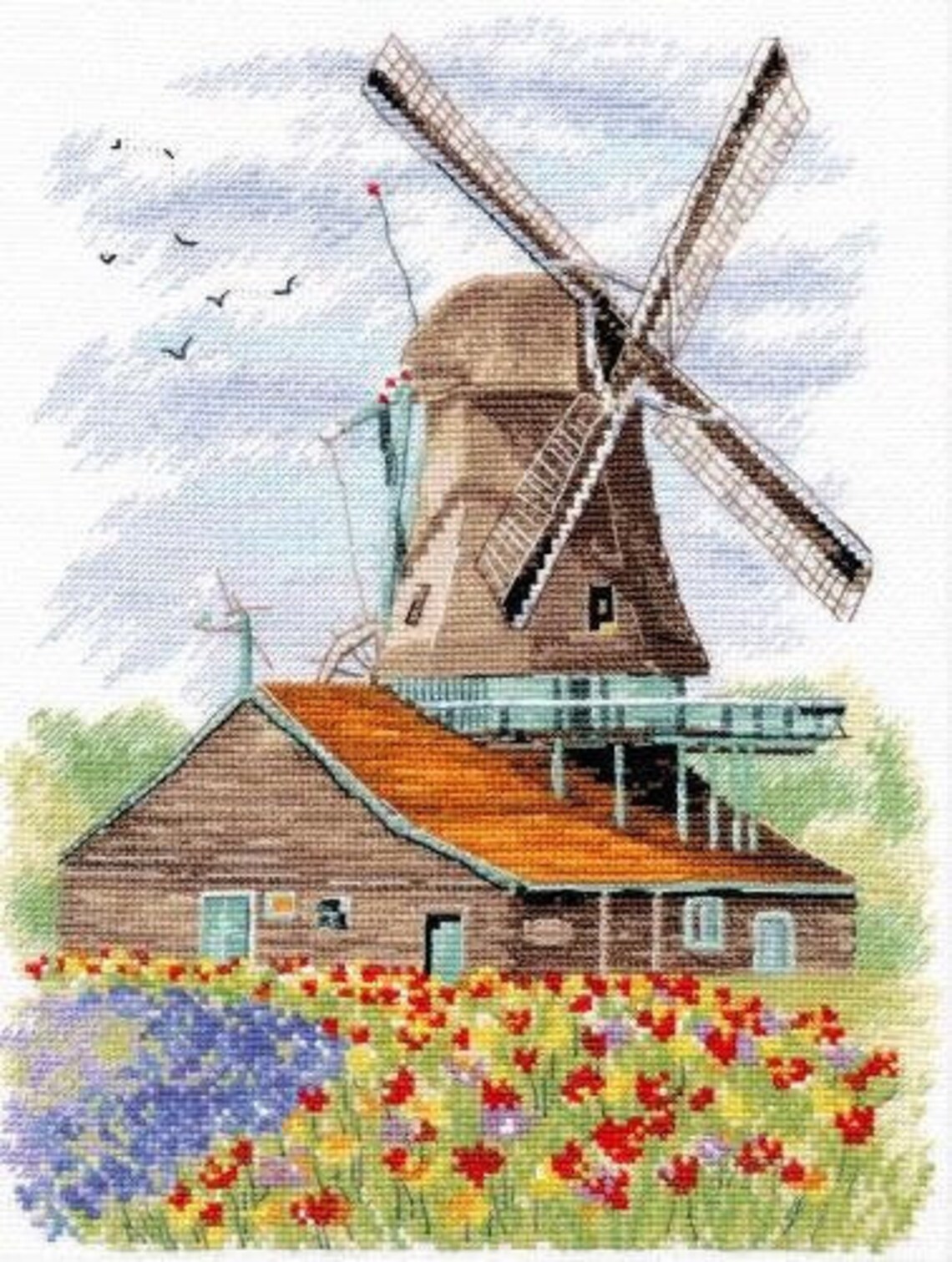 Windmill With Flowers Cross Stitch Kit. Poppy Field Cross Stitch ...