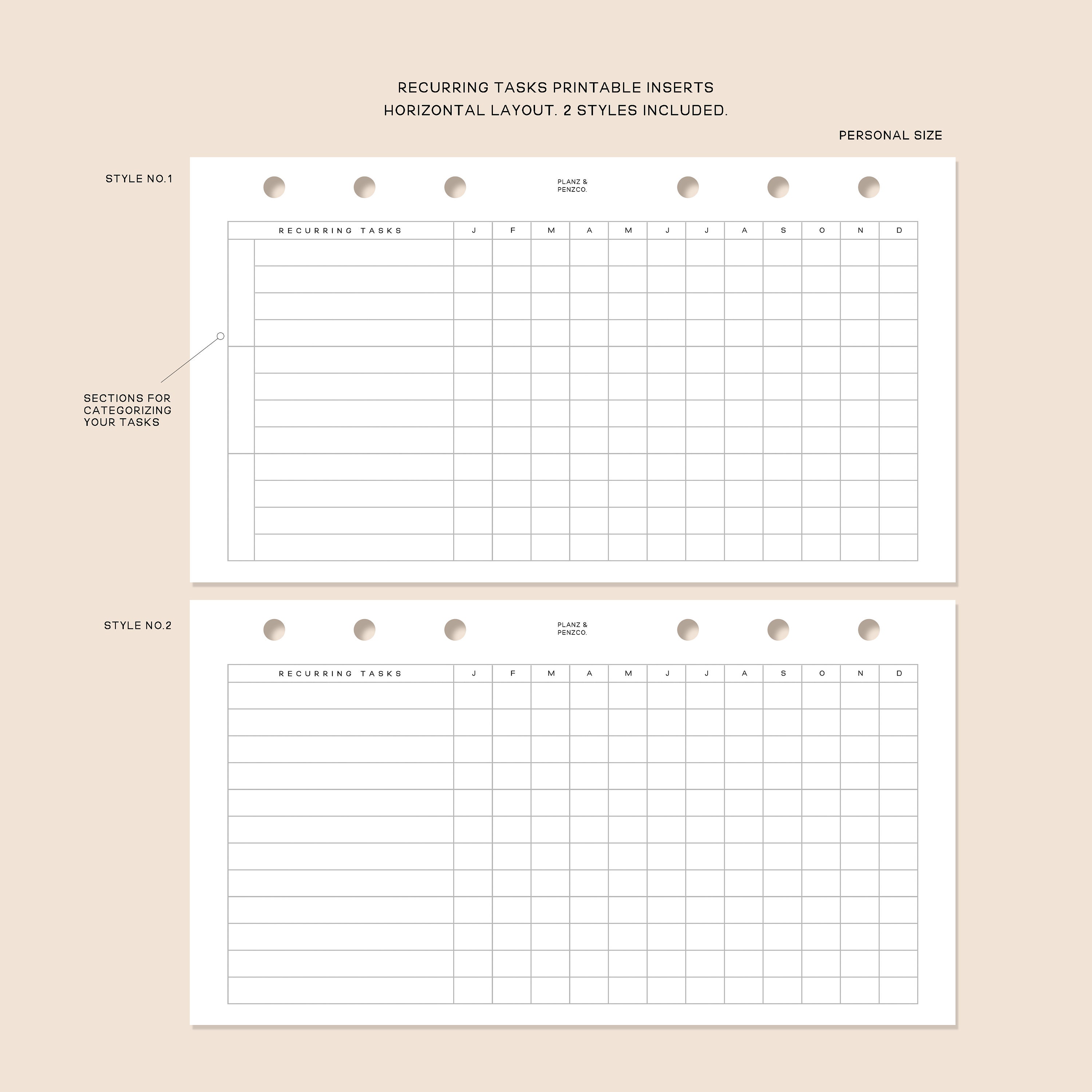 Printable Recurring Tasks Insert 6 Sizes Included Horizontal Annual Overview Monthly Tasks ...