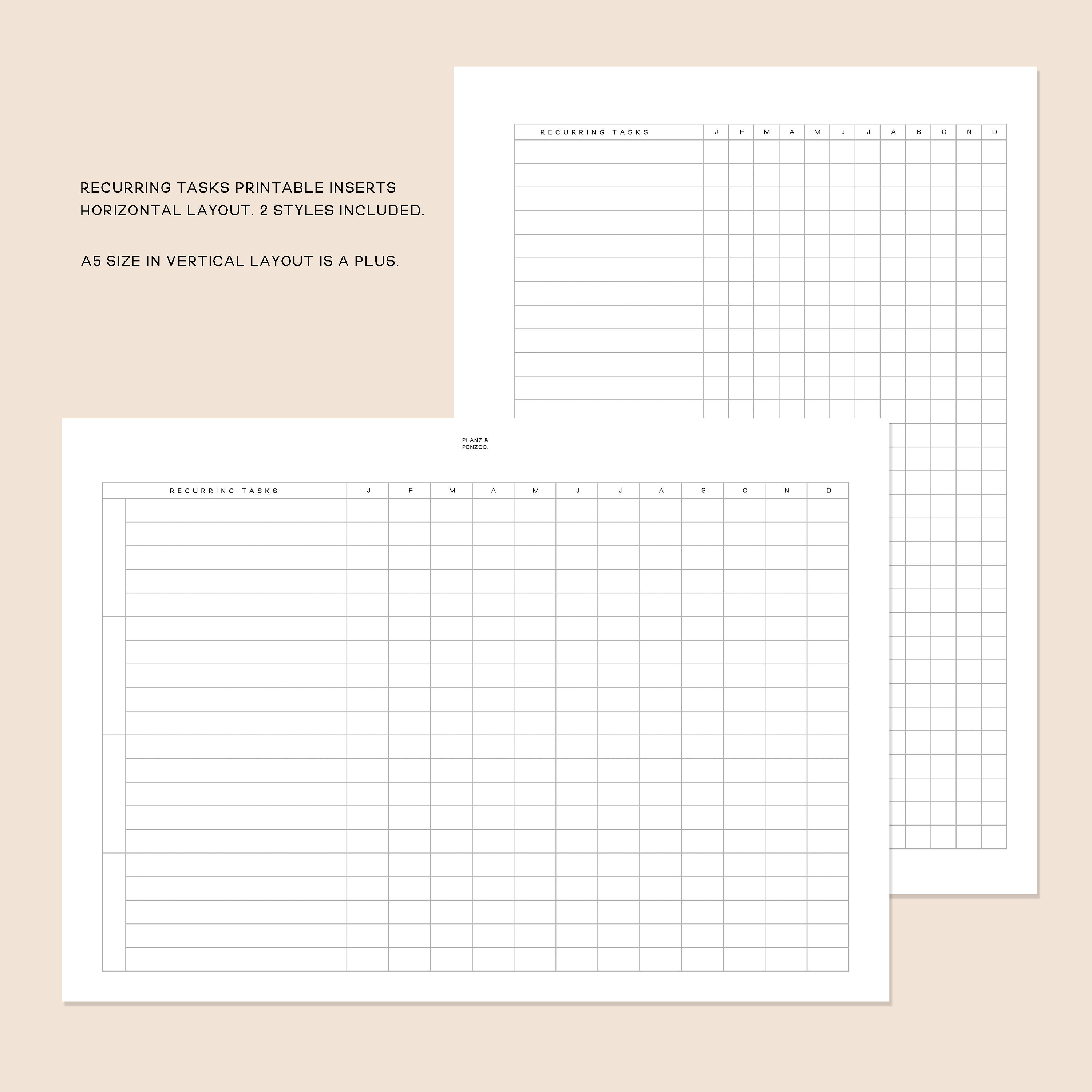 Printable Recurring Tasks Insert 6 Sizes Included Horizontal Annual ...