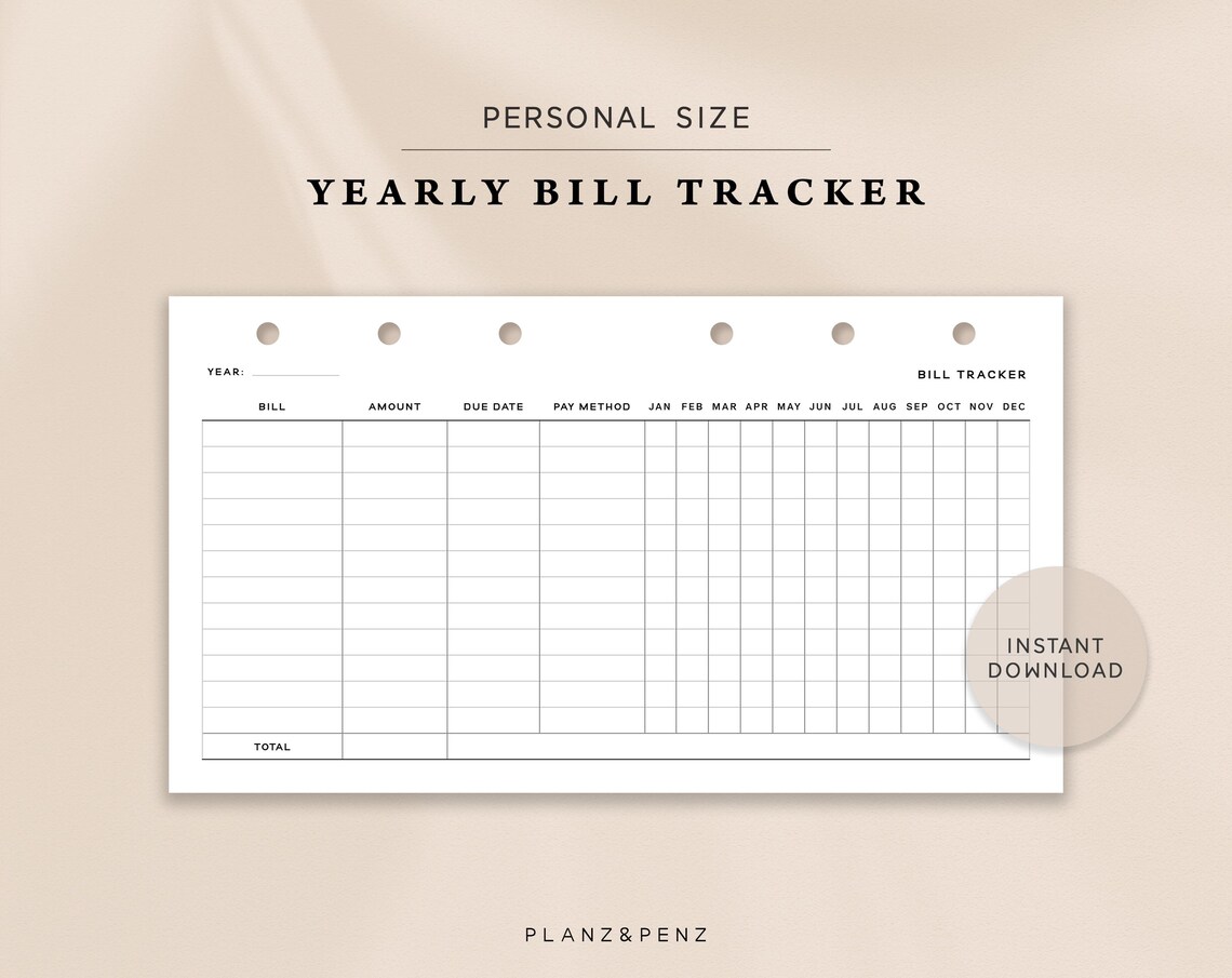 Yearly Bill Tracker Printable, Personal Size Bill Tracker Planner, Bill ...