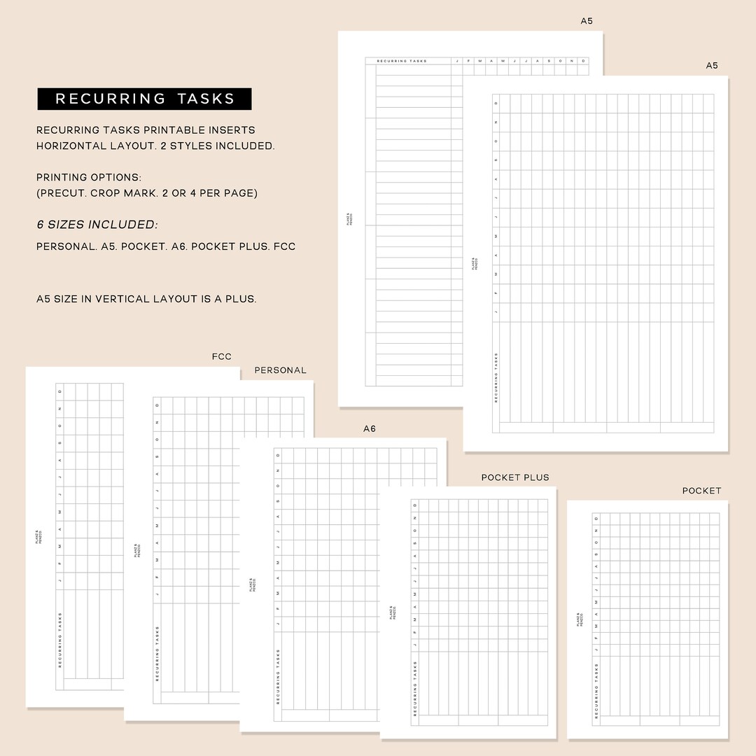 Printable Recurring Tasks Insert 6 Sizes Included Horizontal Annual Overview Monthly Tasks ...