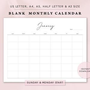 Blank Monthly Calendar Printable, Monthly Landscape Template, US Letter ...