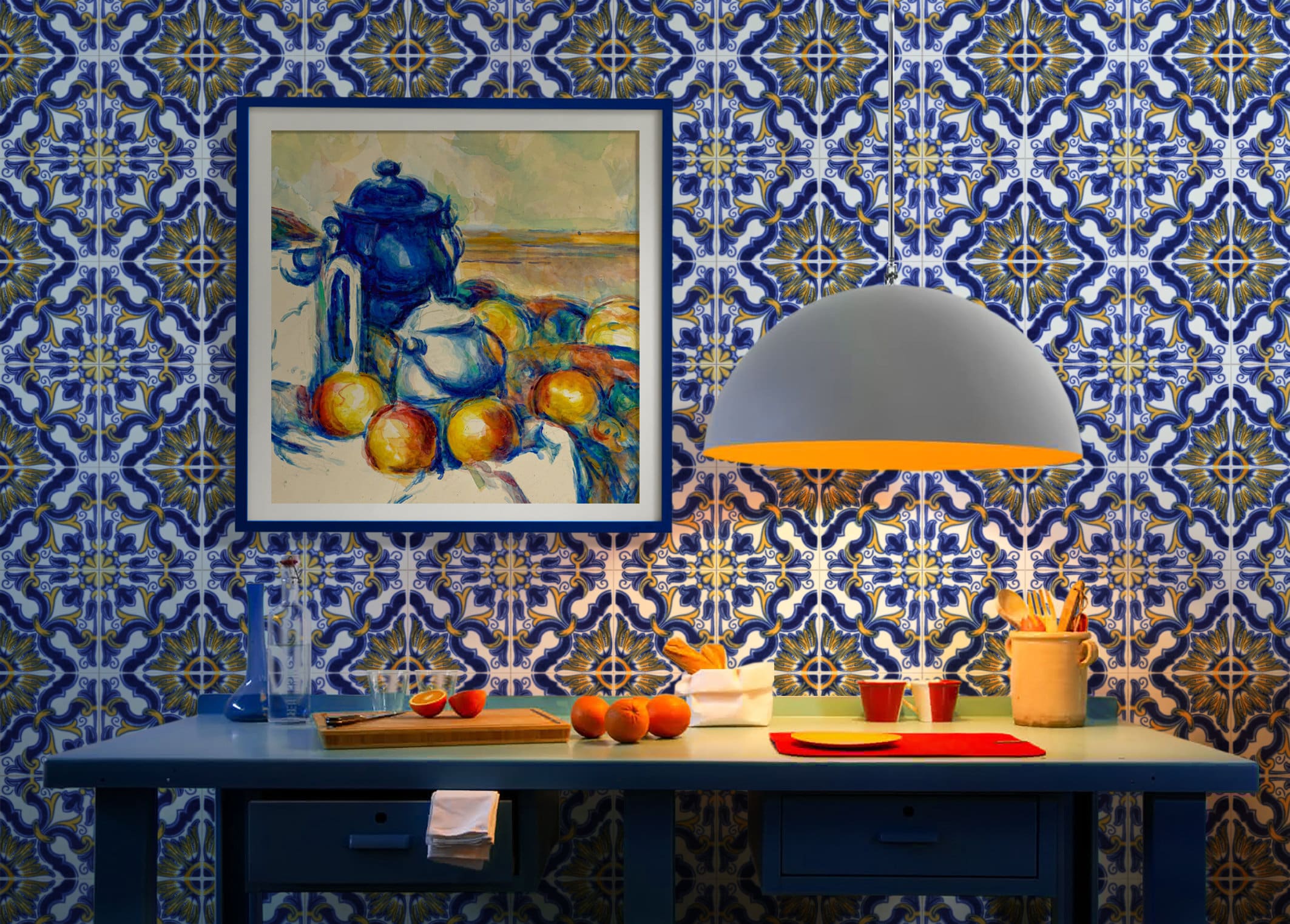 Blue Yellow Moroccan Tile Repositionable Removable Wallpaper | Etsy