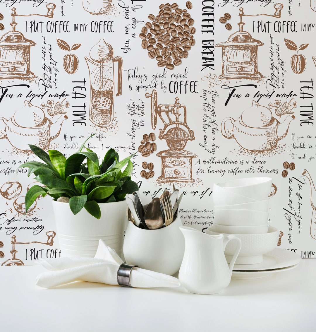 Coffee Themed Wallpaper, Peel & Stick Fabric Wallpaper, Repositionable ...