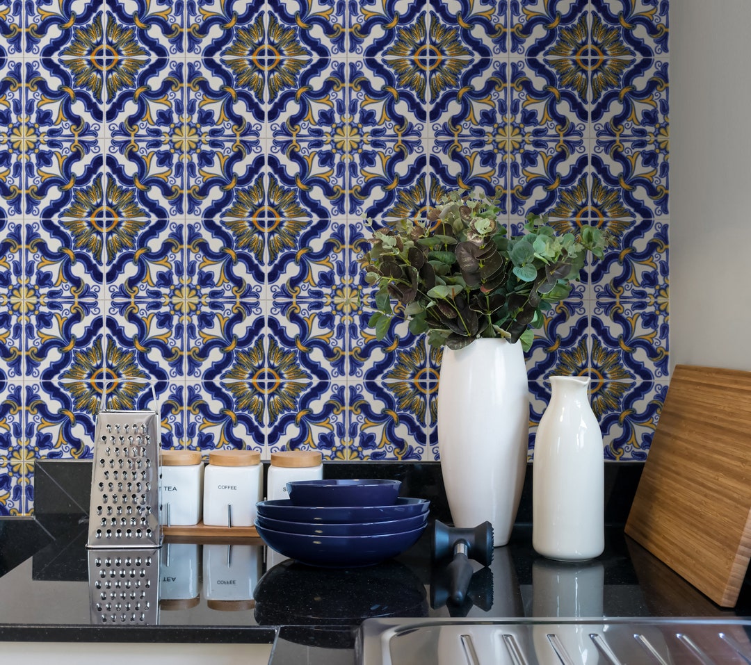 Blue Yellow Moroccan Tile Repositionable Removable Wallpaper, Peel ...