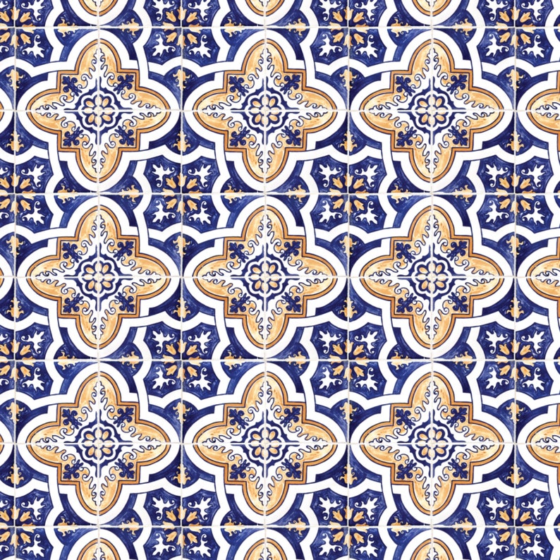 Blue Yellow Moroccan Tile Repositionable Removable Wallpaper, Peel ...
