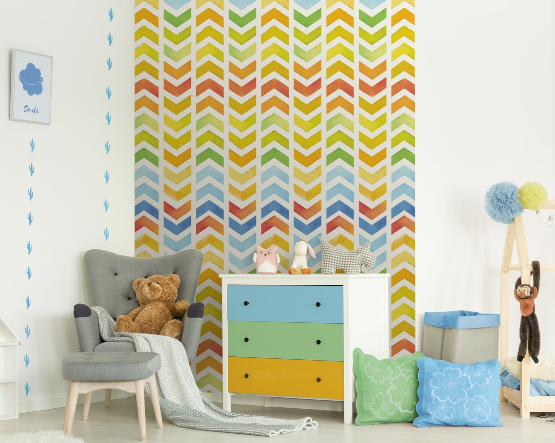 Watercolor Rainbow Chevron Pattern Repositionable Wallpaper - Etsy