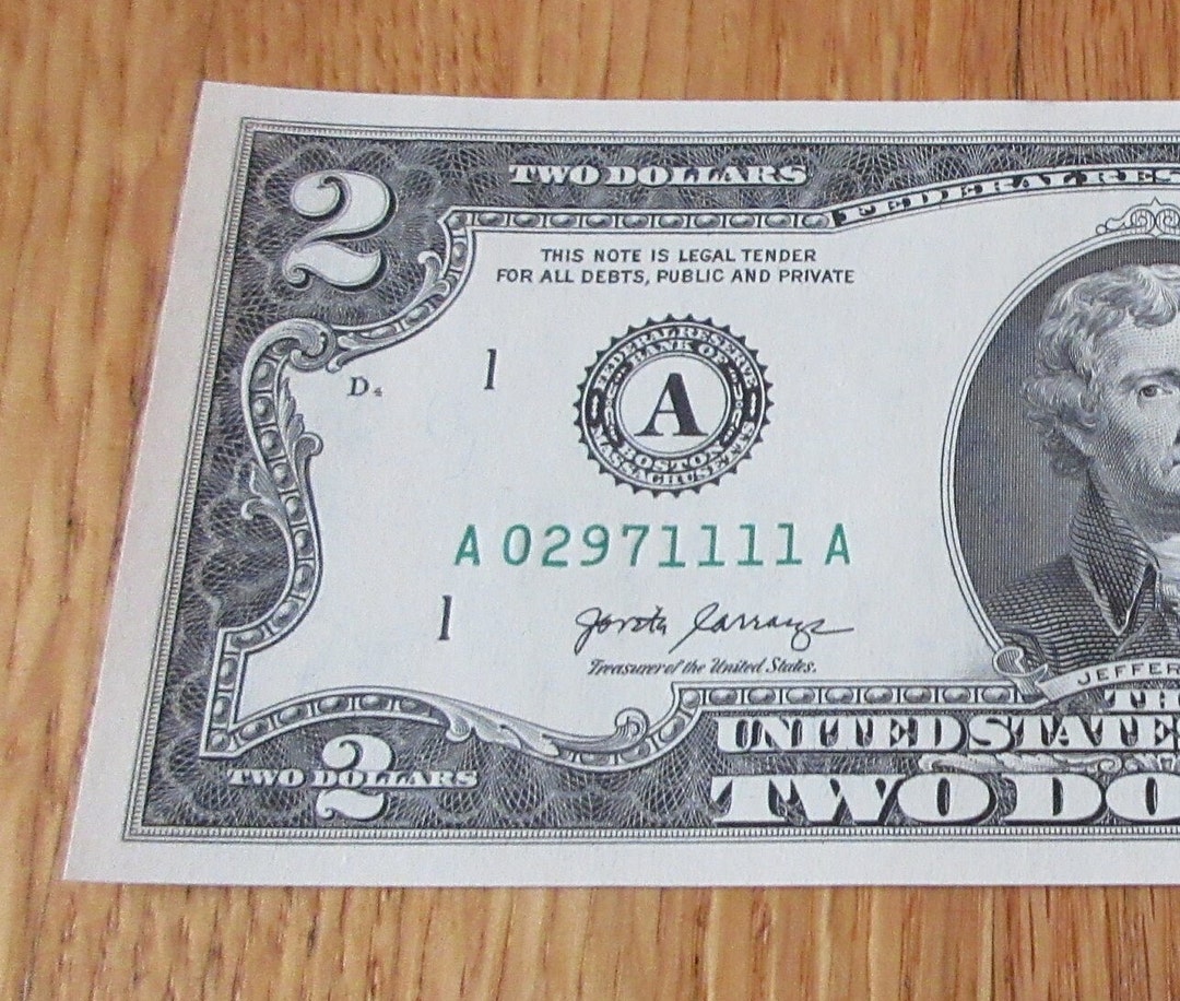 FANCY SERIAL Number Two Dollar Bill With Four Ones Federal Reserve Note ...