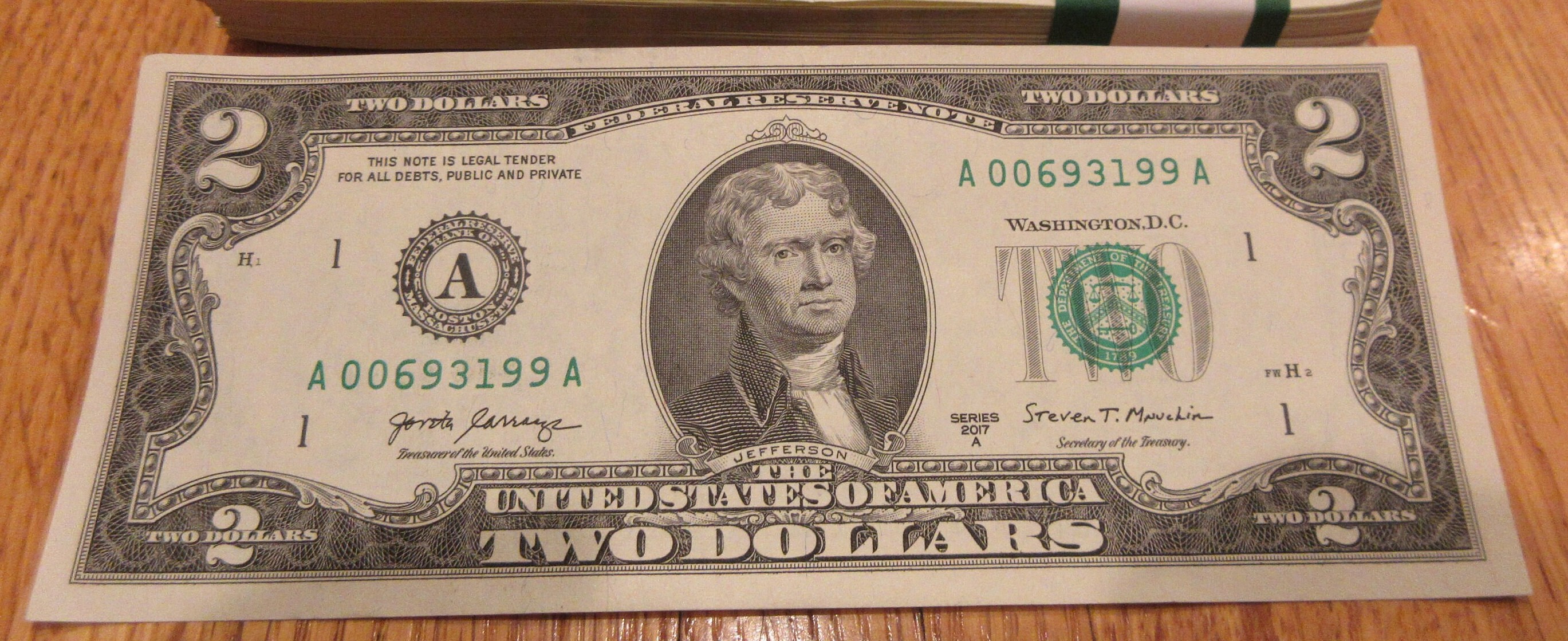 Two Fancy TWO Dollar Bills Low Numbers This Price is for Two Dollar ...