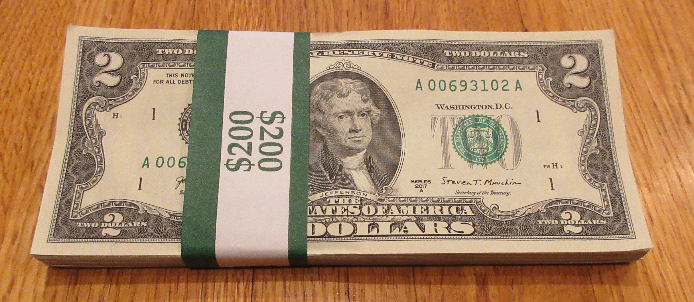 Two Fancy TWO Dollar Bills Low Numbers This Price is for Two Dollar ...