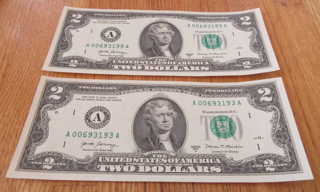 Two Fancy Consecutive Serial Numbers TWO DOLLAR BILLS Federal Reserve ...