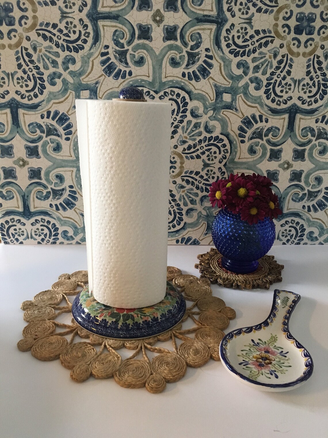 Vintage Bohemian Blue Rose Pottery Ceramic Paper Towel Holder | Etsy