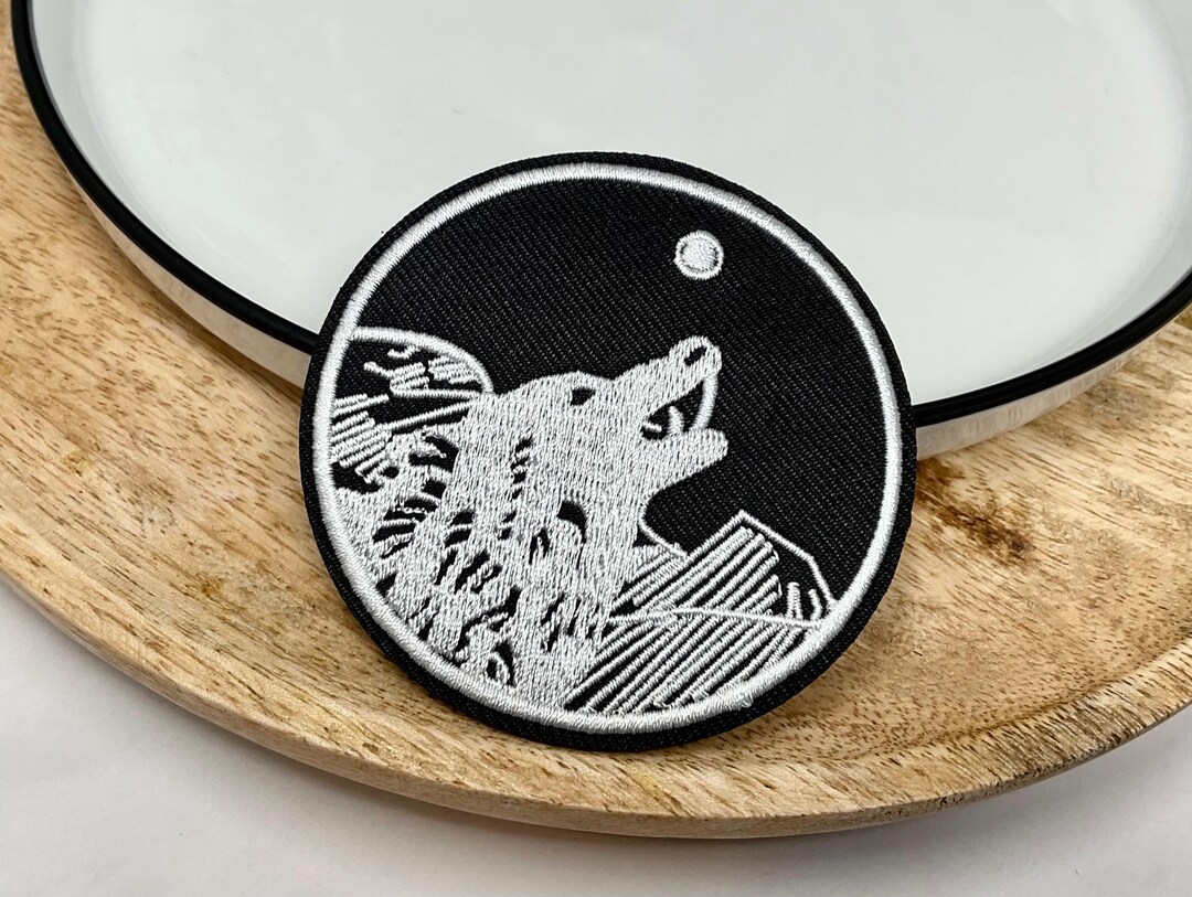 Parche termoadhesivo bordado de lobo con diseño de luna, adhesivo ...
