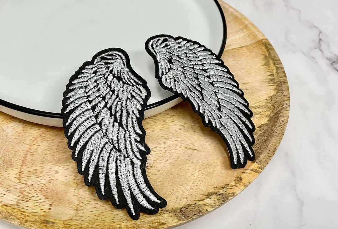 PAIR of WING Embroidered IRON on Patch Angel Wings Silver Bicker Rocker ...