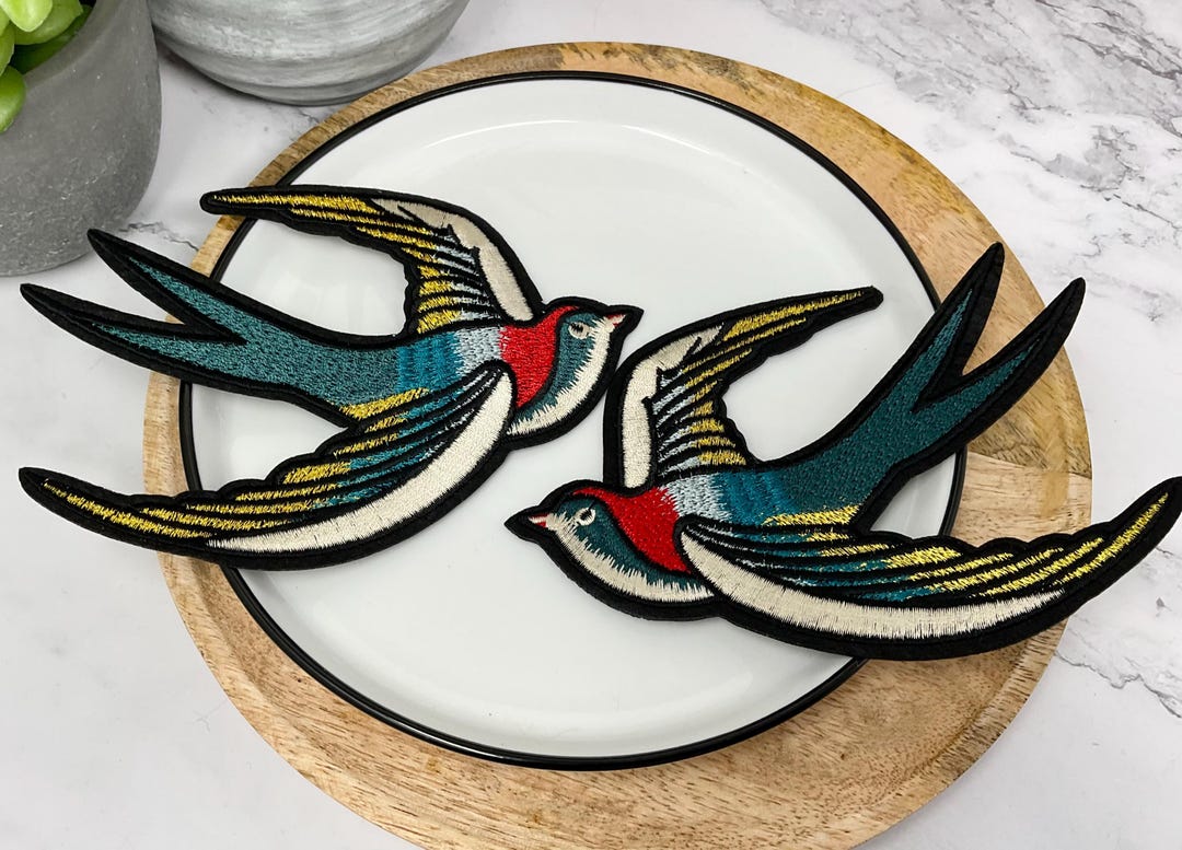 SWALLOW Bird Embroidered IRON on PATCH, Sew on Adhesive Bird, Fly Patches Adornment Decoration ...