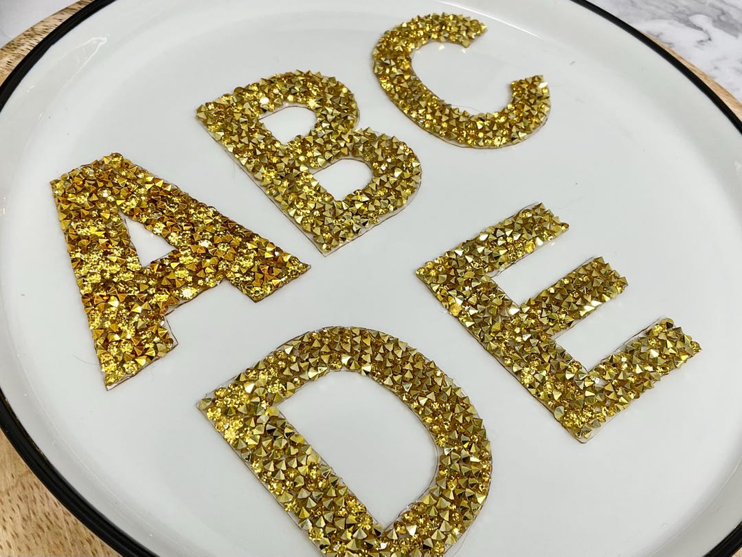 2 Inches GOLD Rhinestone 3D LETTERS Iron On, Personalization Clothe ...