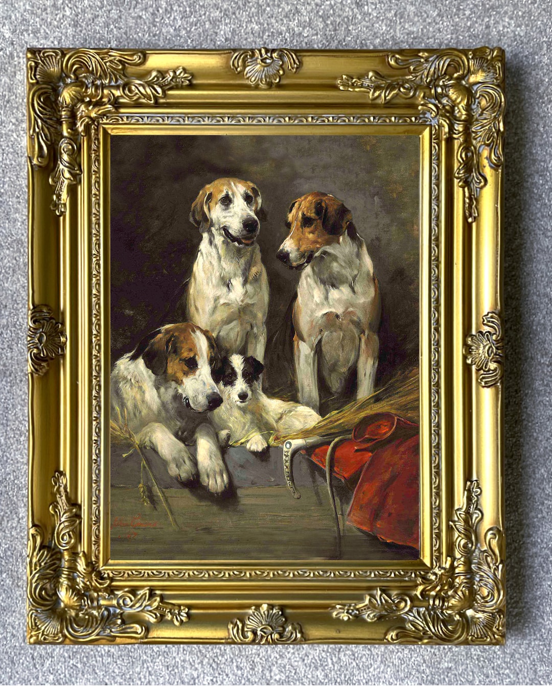 Gilt Framed Lithograph of Hounds & a Jack Russell in a Stable Aft. Emms ...