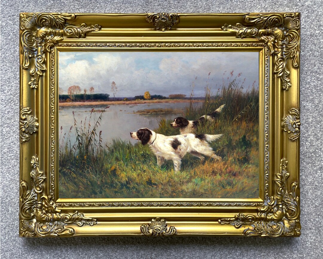 Products Fine Lithograph on Canvas - English Setters in a River ...