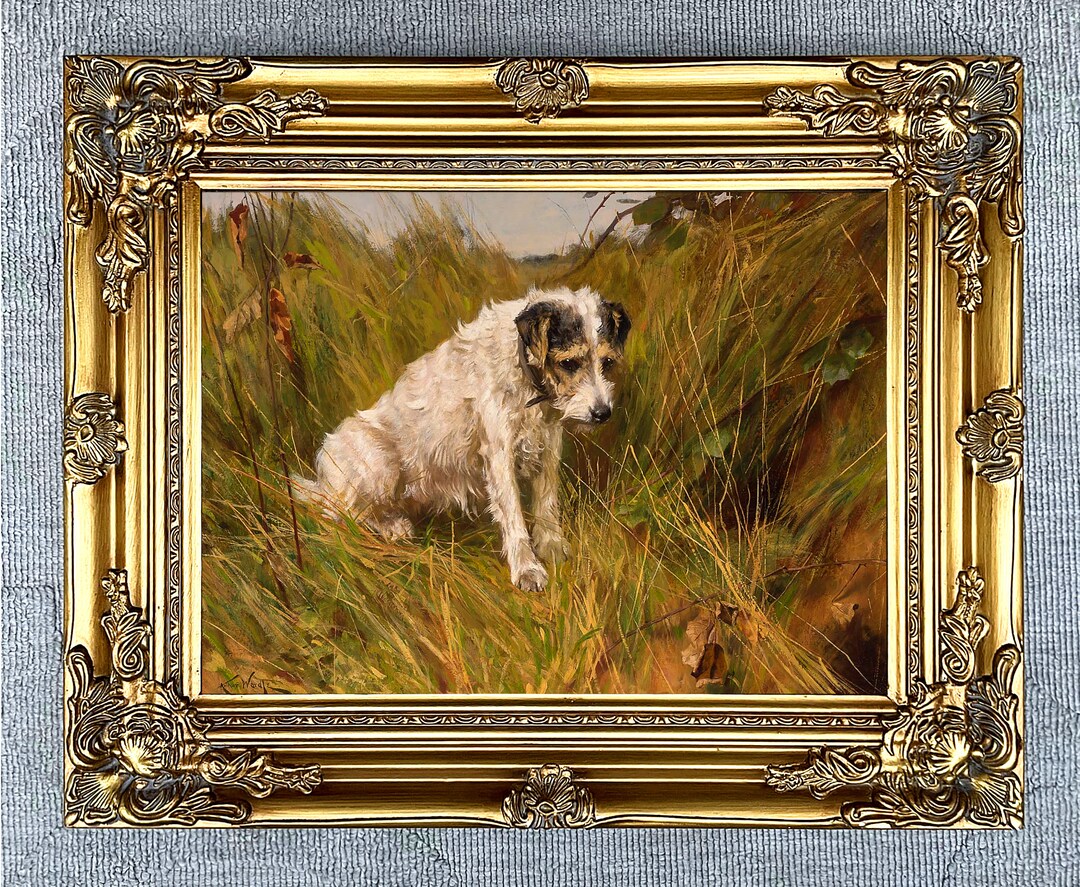 Gilt Framed Lithograph of a Long Haired Jack Russell waiting Aft Wardle ...