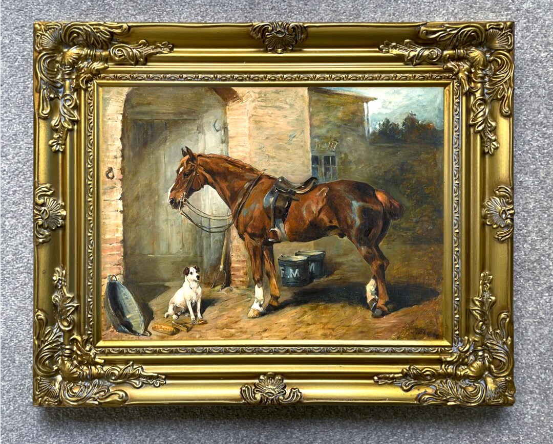 Fine Lithograph on Canvas of a Saddled Hunter & Dog by a Stable Aft ...