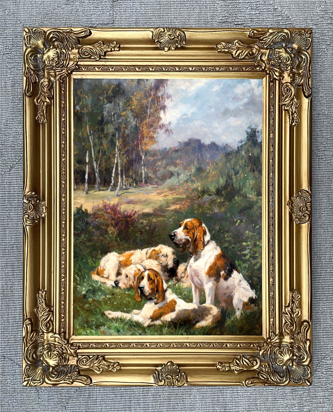 Fine Lithograph on Canvas - "working Spaniels in a Woodland Landscape ...