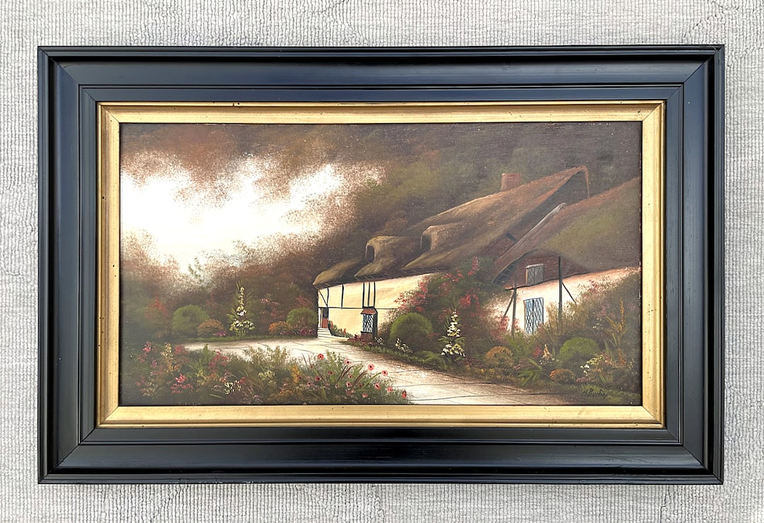 Fine Edwardian Oil on Wood Panel - Thatched Rural Cottage by Hal Burton ...
