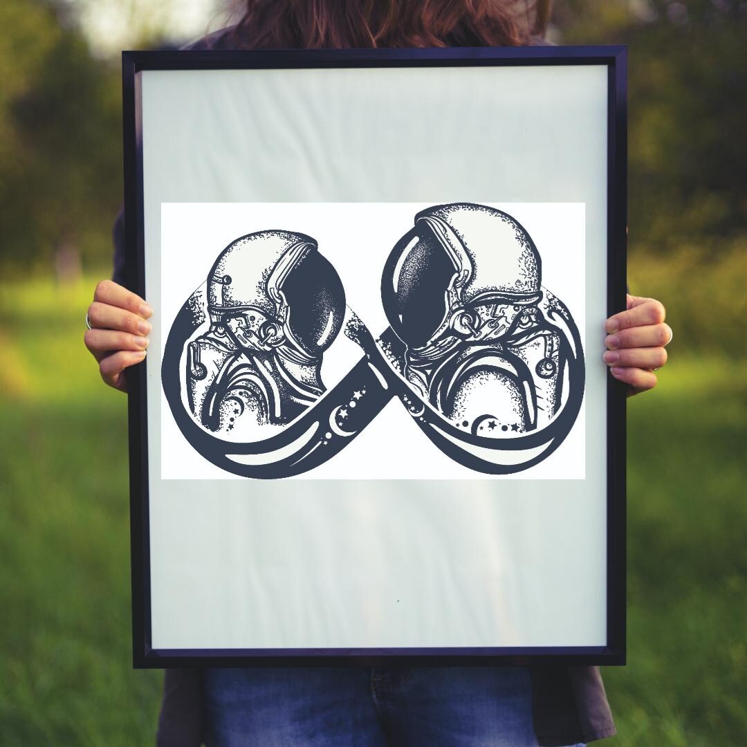 Artistic Black and White Space Astronauts in Love Infinity Sign Cartoon ...