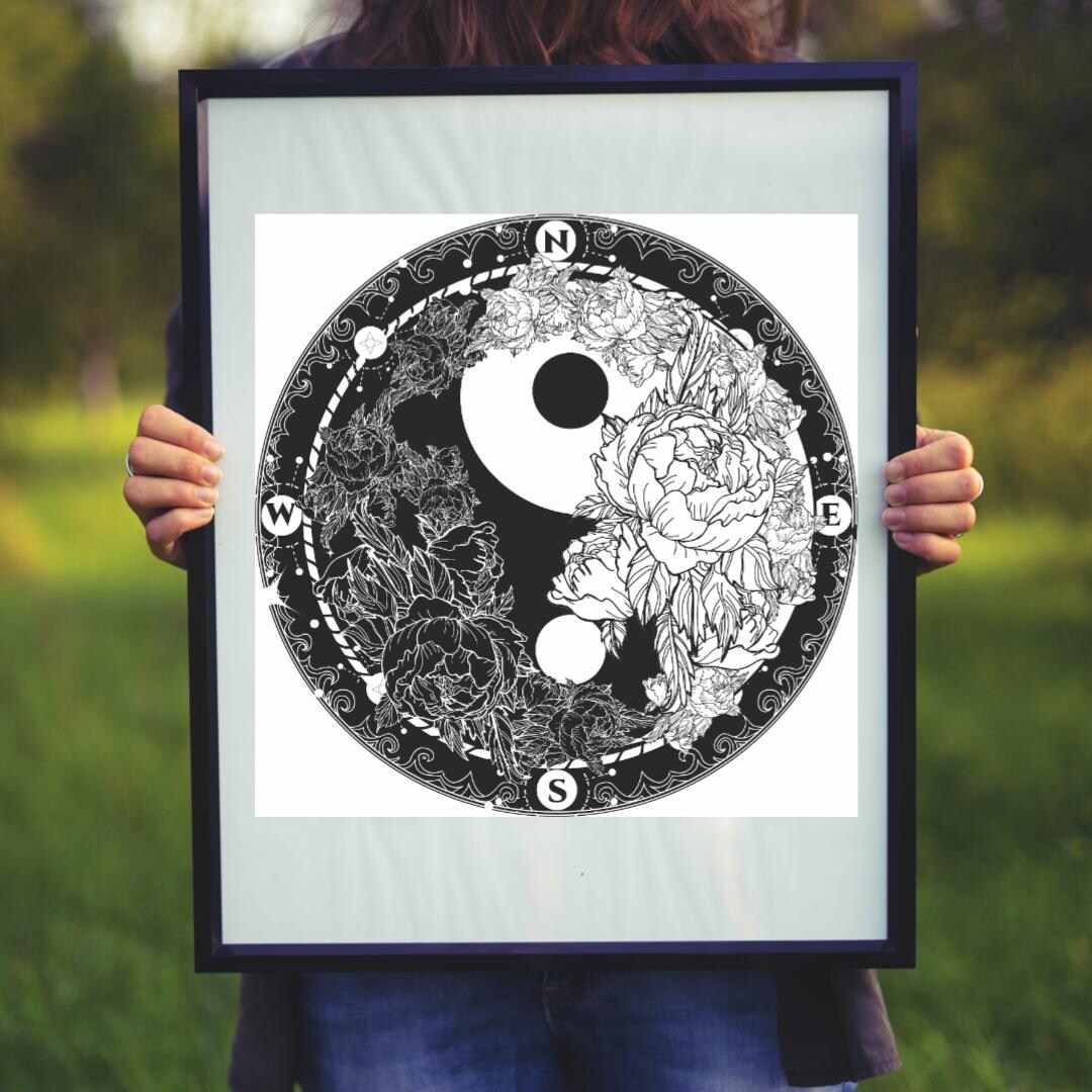 Beautiful Artistic Compass Rose Cartoon Icon - Floral Ying and Yang ...