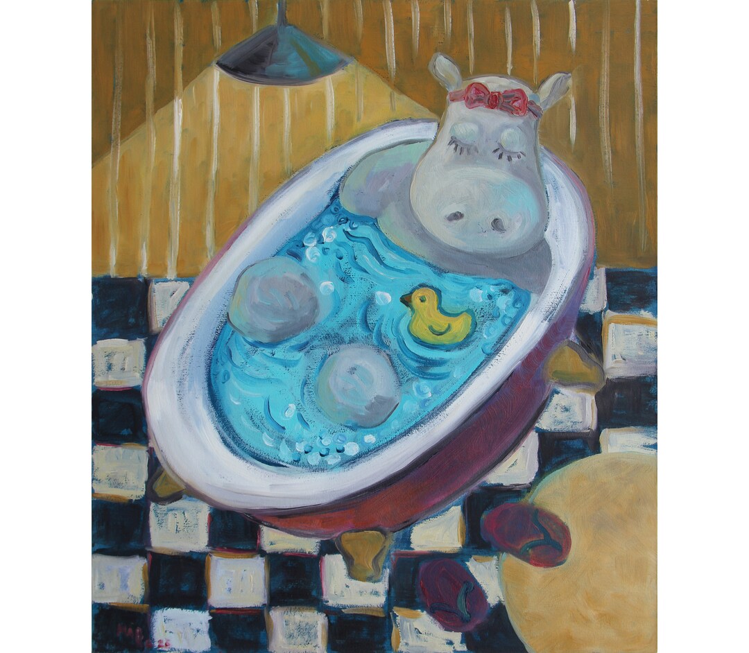 Hippo Oil Painting Bathroom Art Original Oil Painting Wall Decor ...