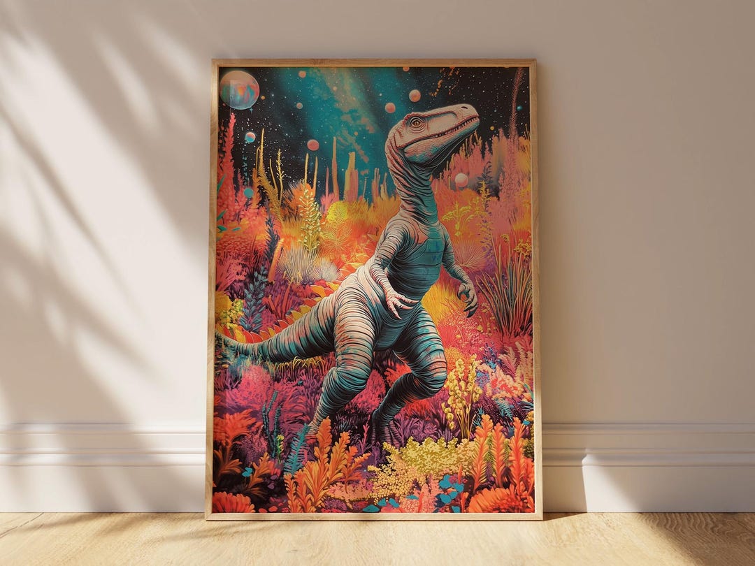 Cosmic Velociraptor Digital Art Print - Vibrant Dinosaur in Space - Sci ...