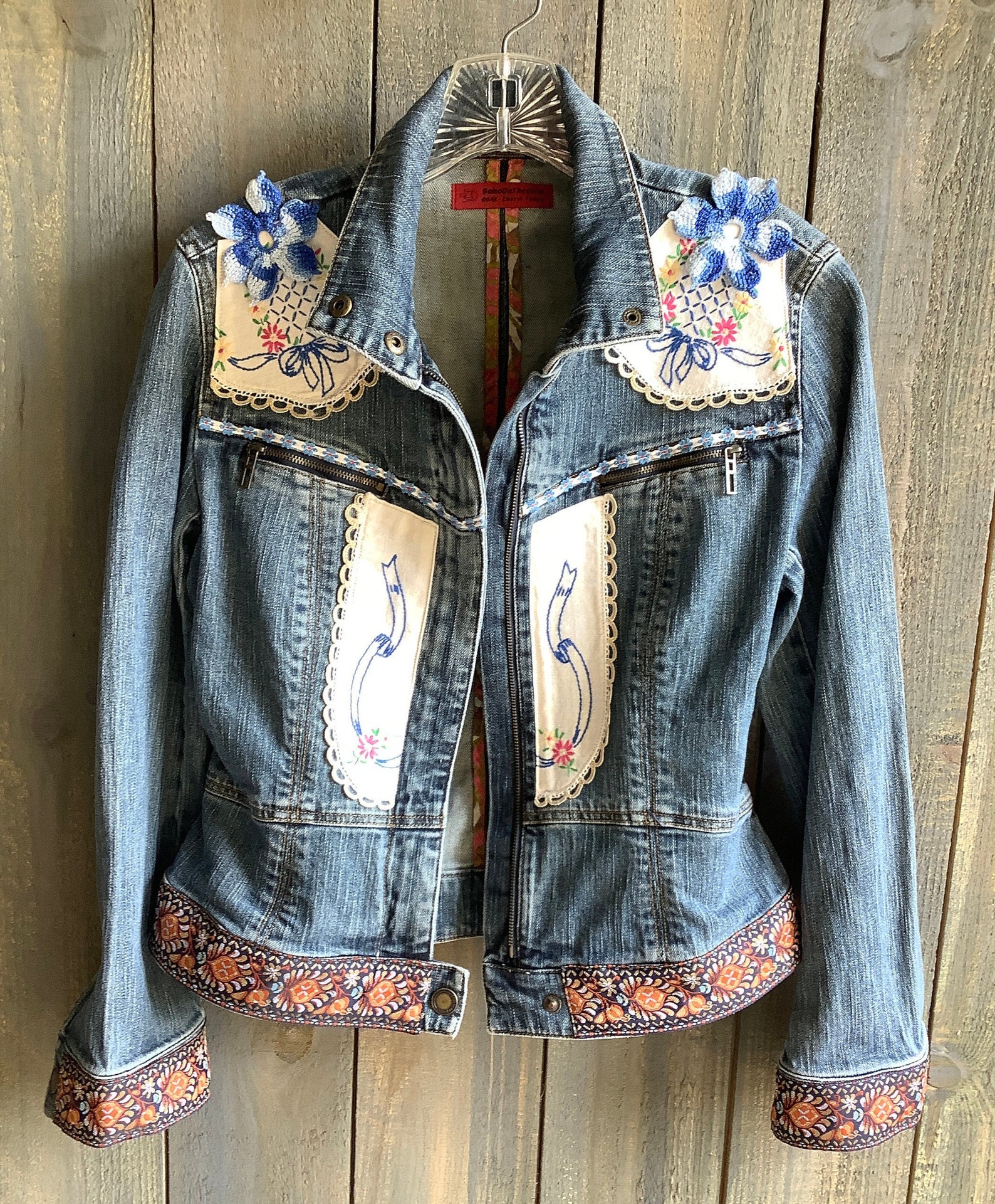 Embellished Blue Bonnet Denim Jean Jacket, Linen Needlework, Applique ...