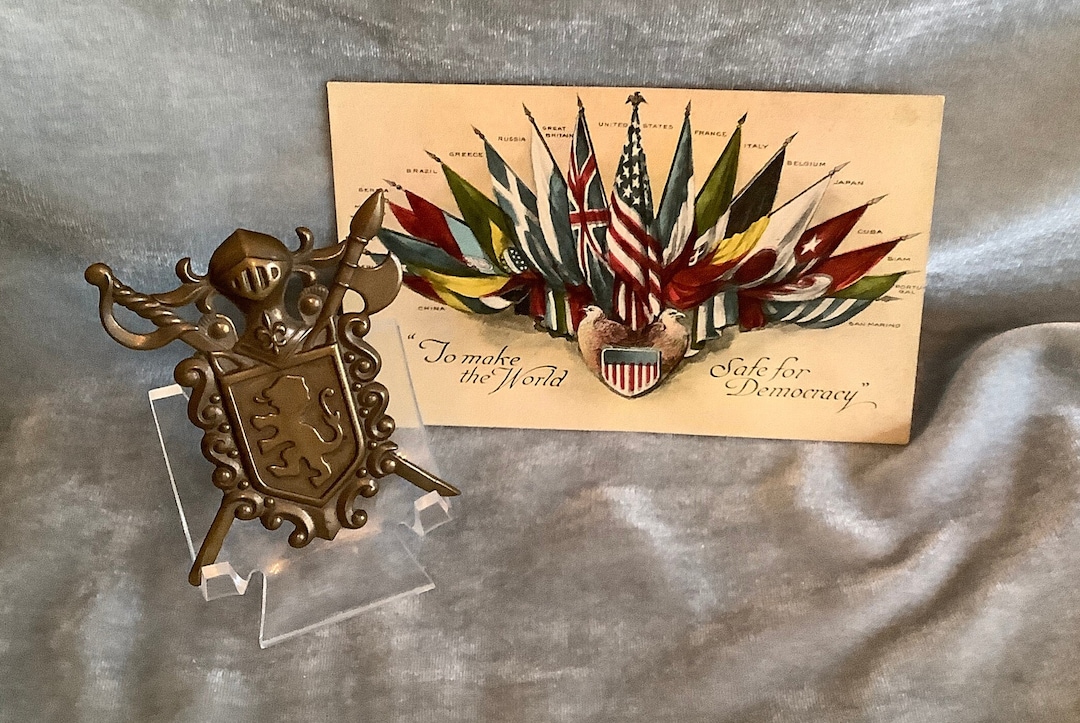 Heraldic Shield Vintage Brass Pin, Knights Helmet, Sword, Ax, Lion ...