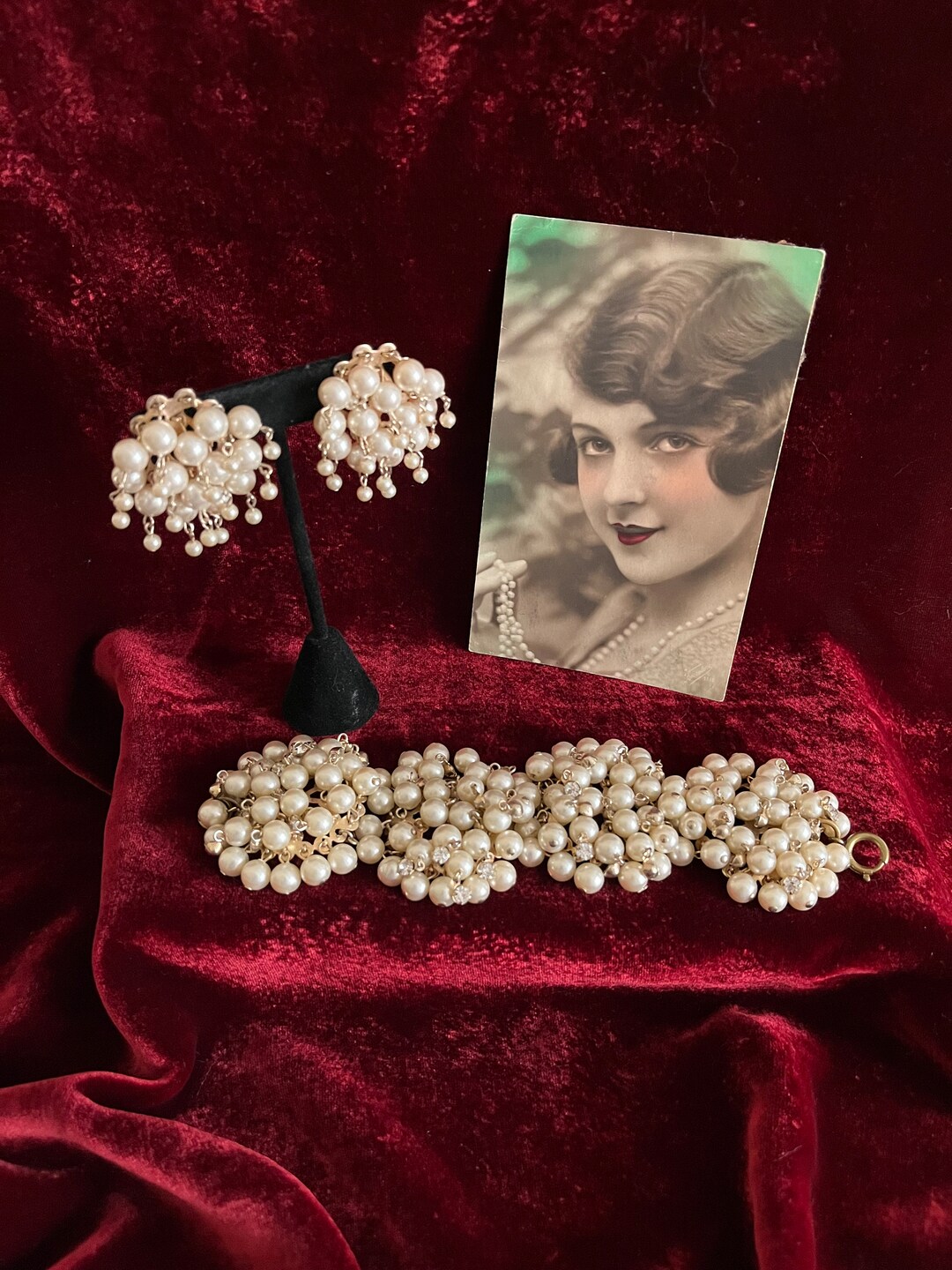 Vintage Faux Pearl & Rhinestones Chunky Bracelet and Earrings, Ca.1950 ...