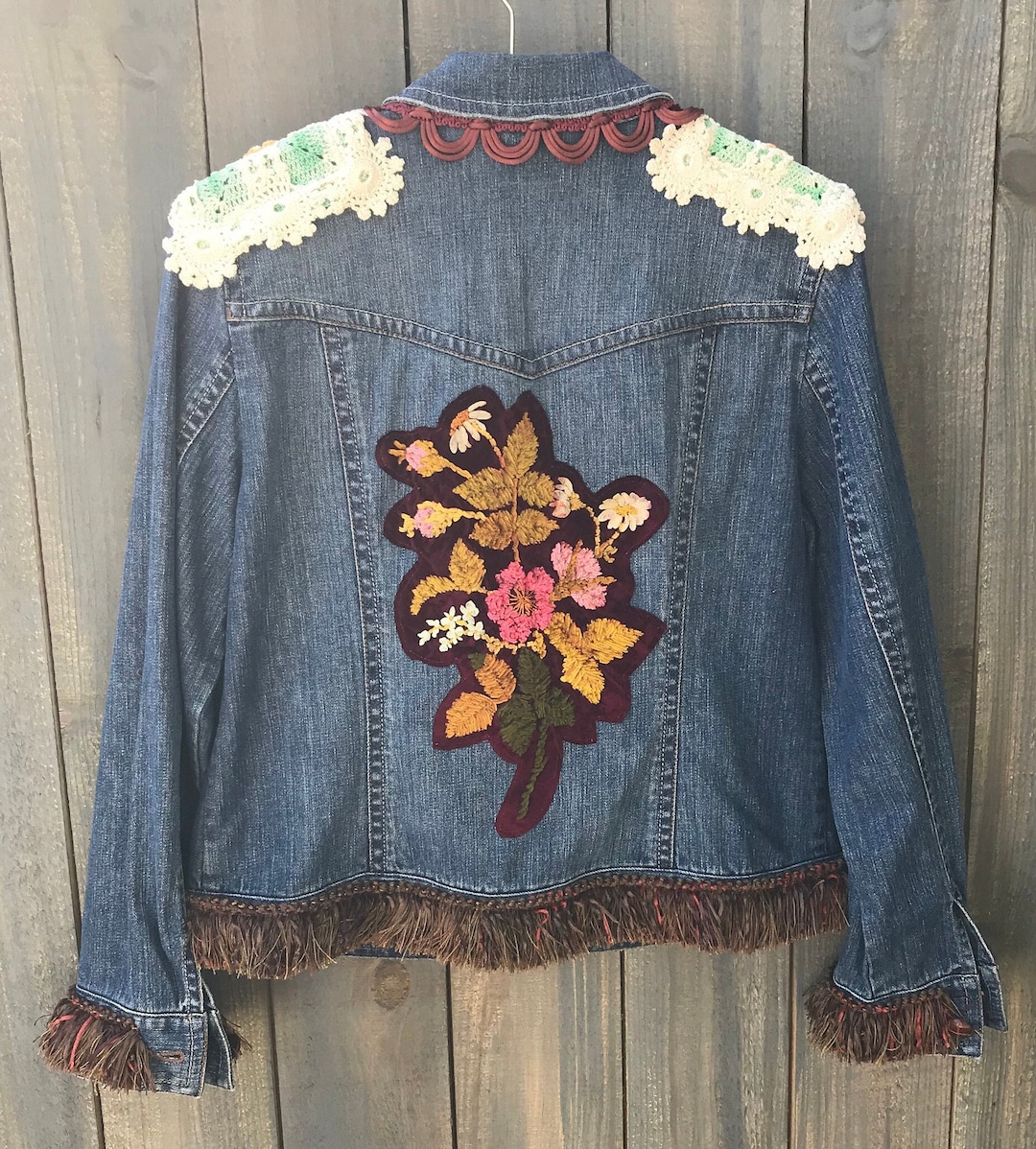 Silk Ribbon Embellished Denim Floral Jean Jacket, Crocheted Epaulets ...