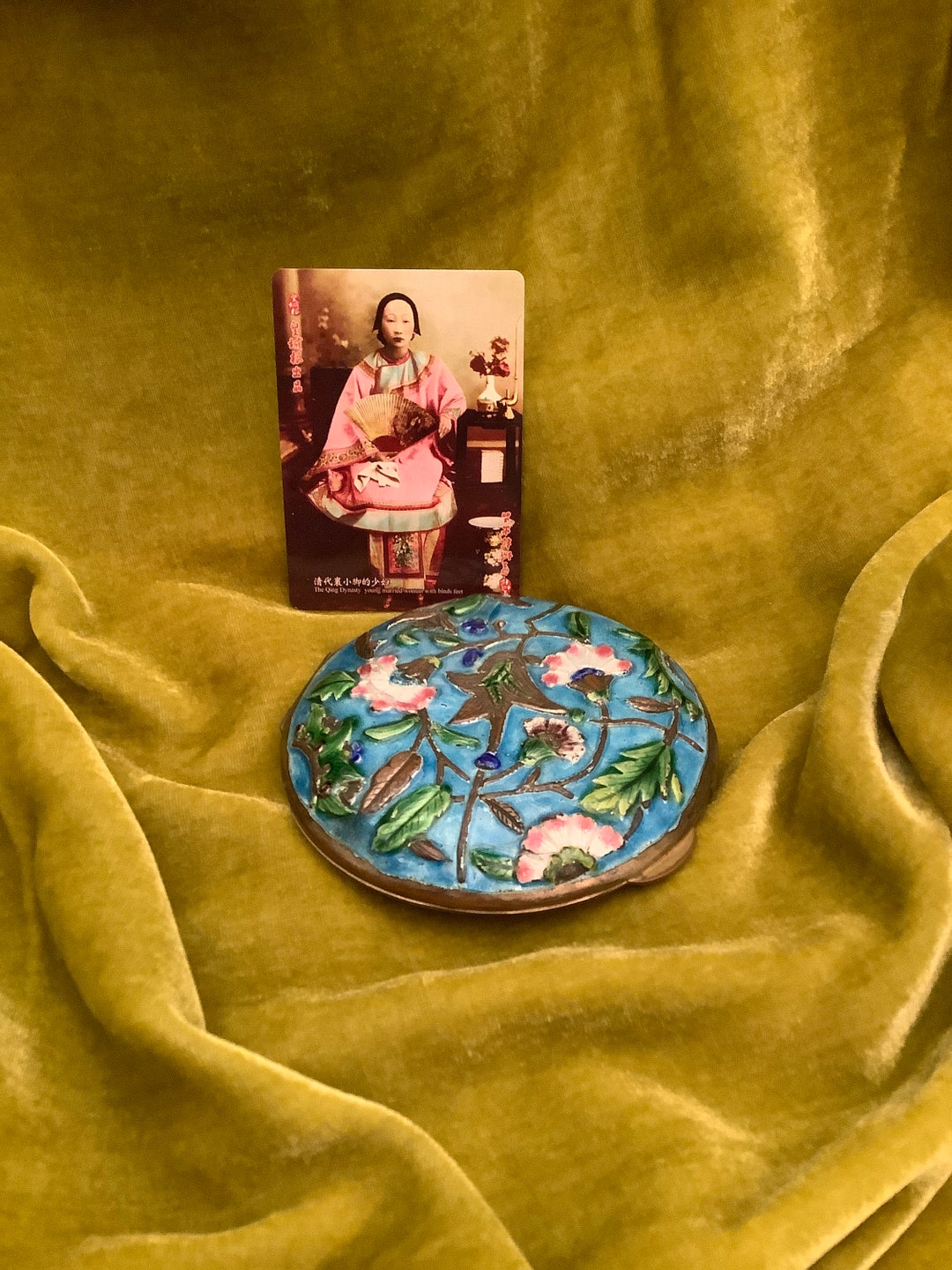 Chinese Enamel Compact, Vintage & Rare, Large Heavy Silver Plate ...