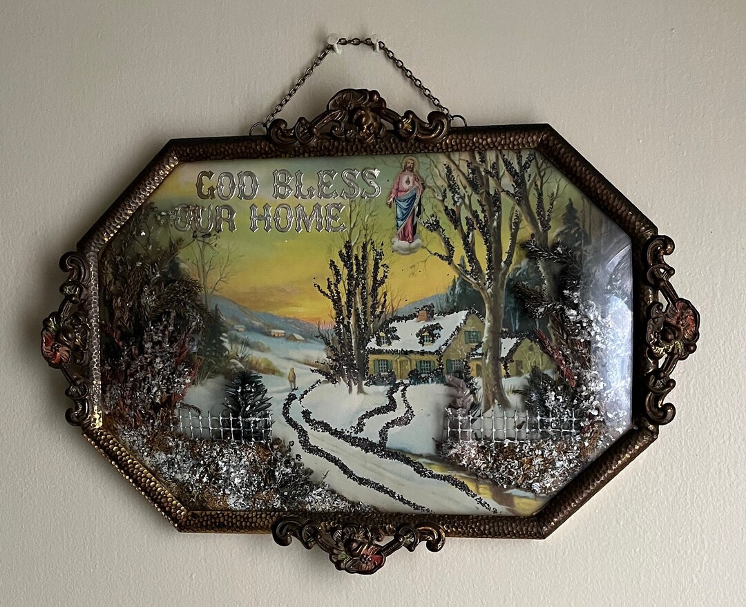 1920's "god Bless Our Home" Diorama Cottage Scene, Dome Curved Glass ...