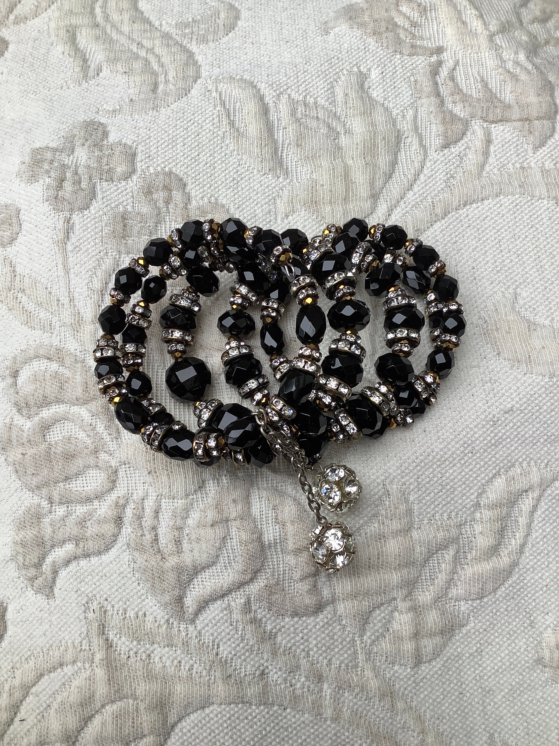 Bohemian Gypsy Wrap Bangles Bracelet, Black Glass, Rhinestones, Memory Wrap Holiday Costume ...