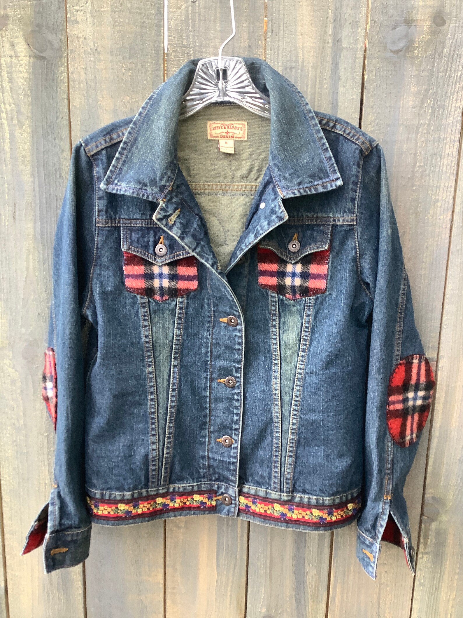 Embellished denim jean jacket 100% wool felted plaid | Etsy