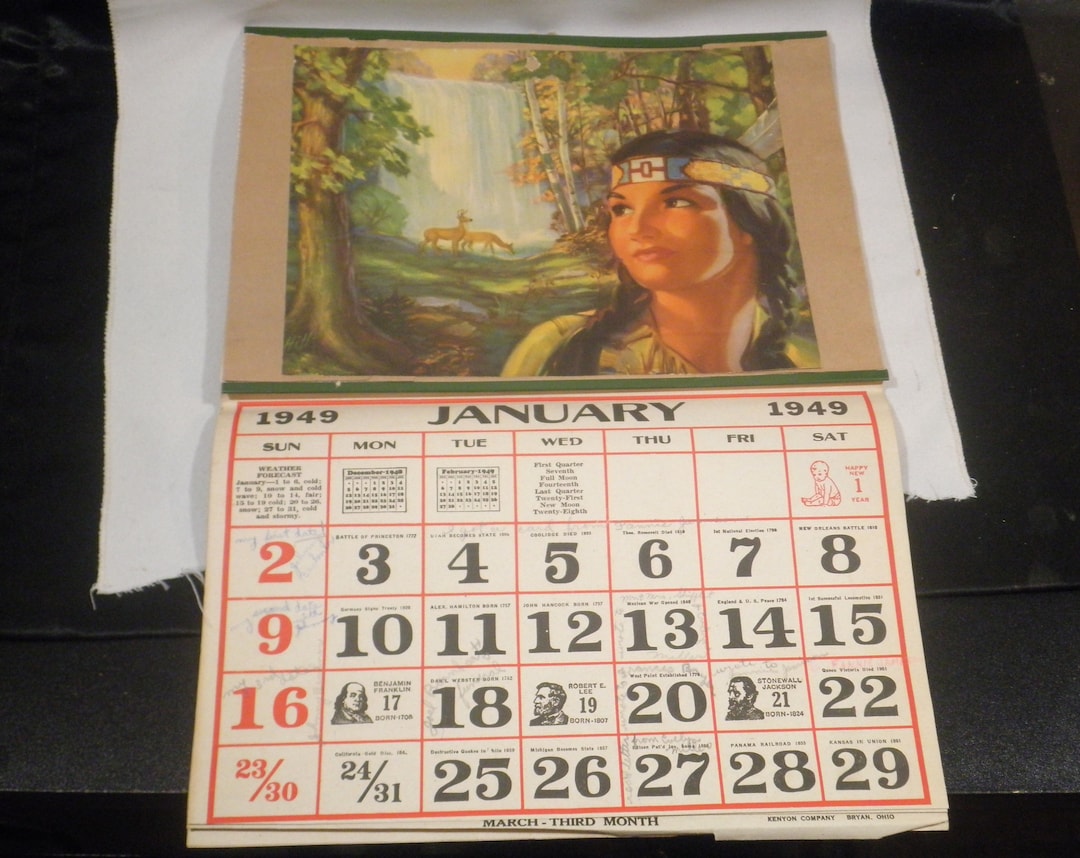Vintage 1949 Indian Maiden Calendar Complete - Kenyon Co., Bryan, Ohio ...