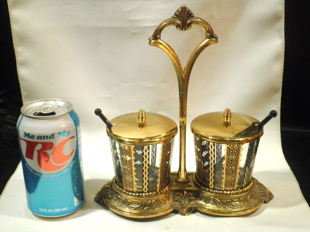 Vintage Mid-century Condiment Set Black & Gold Jars With Metal Frame ...