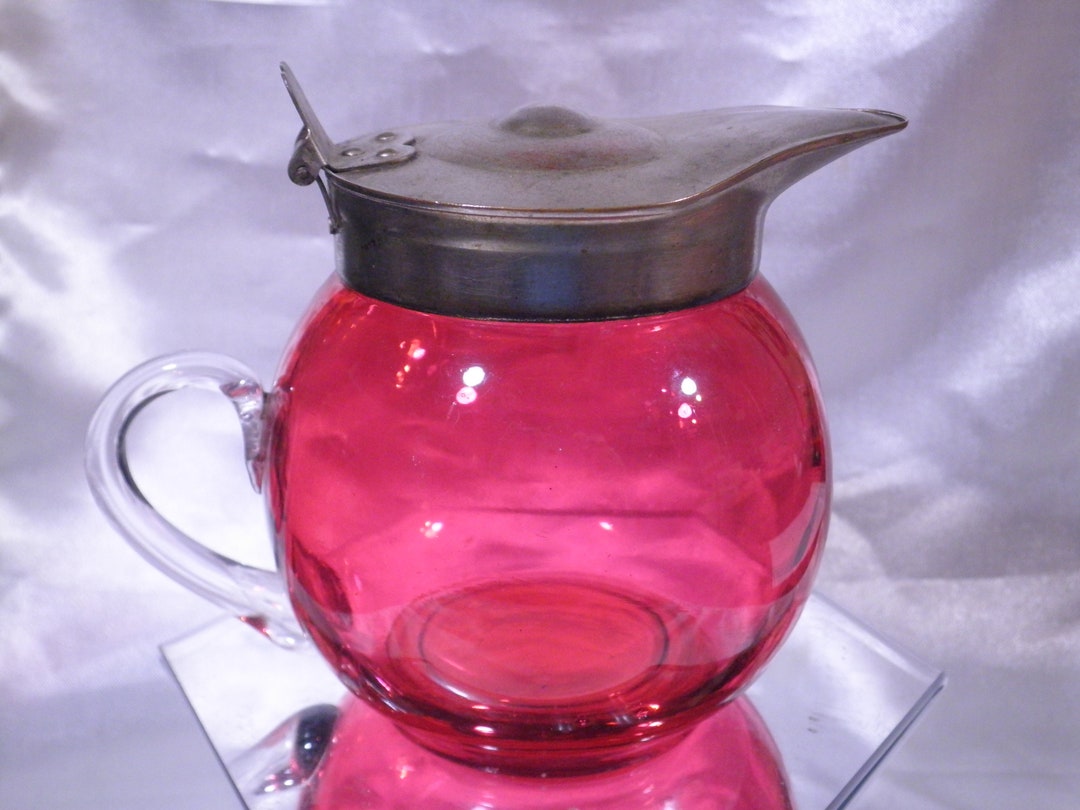 Vintage Short Cranberry Glass Syrup Pitcher - Etsy