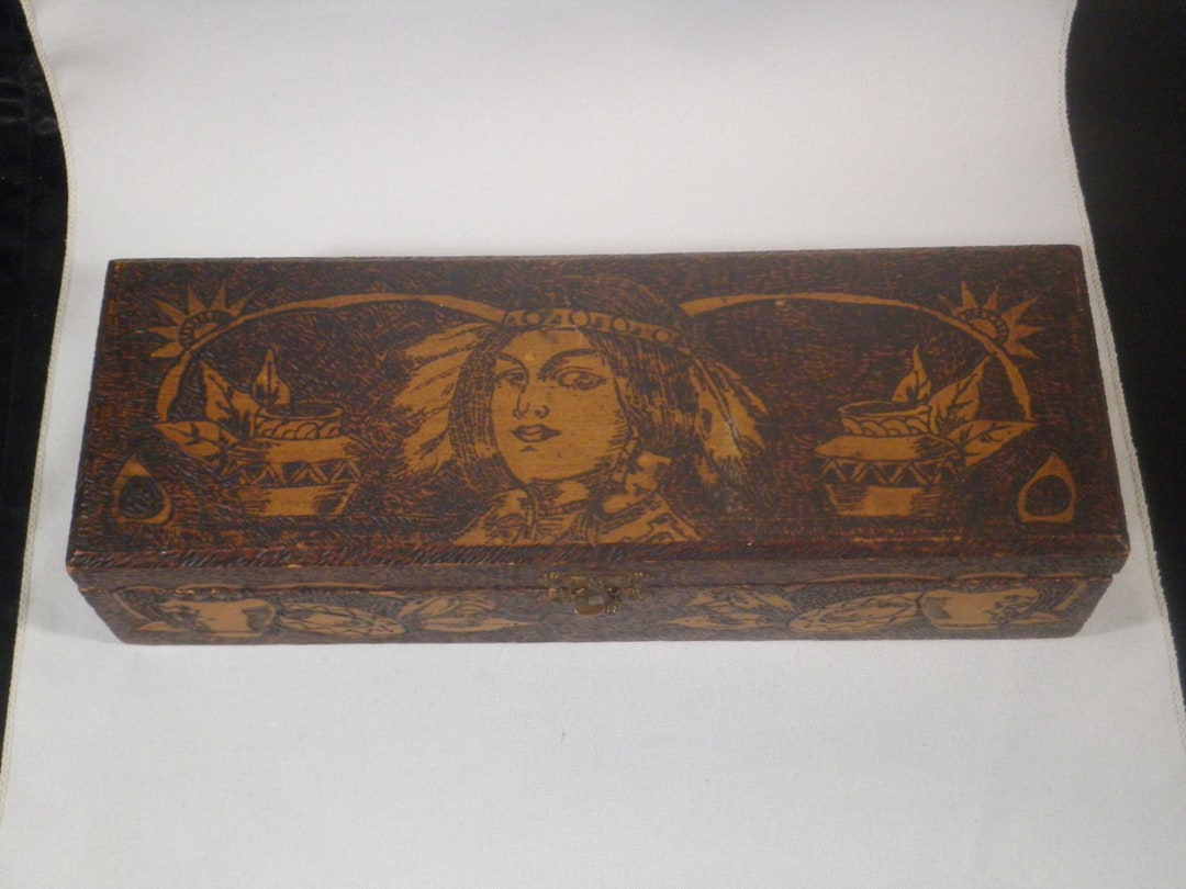 Antique 1890-1900 Flemish Art Co, NY Pyrography Native American Long ...