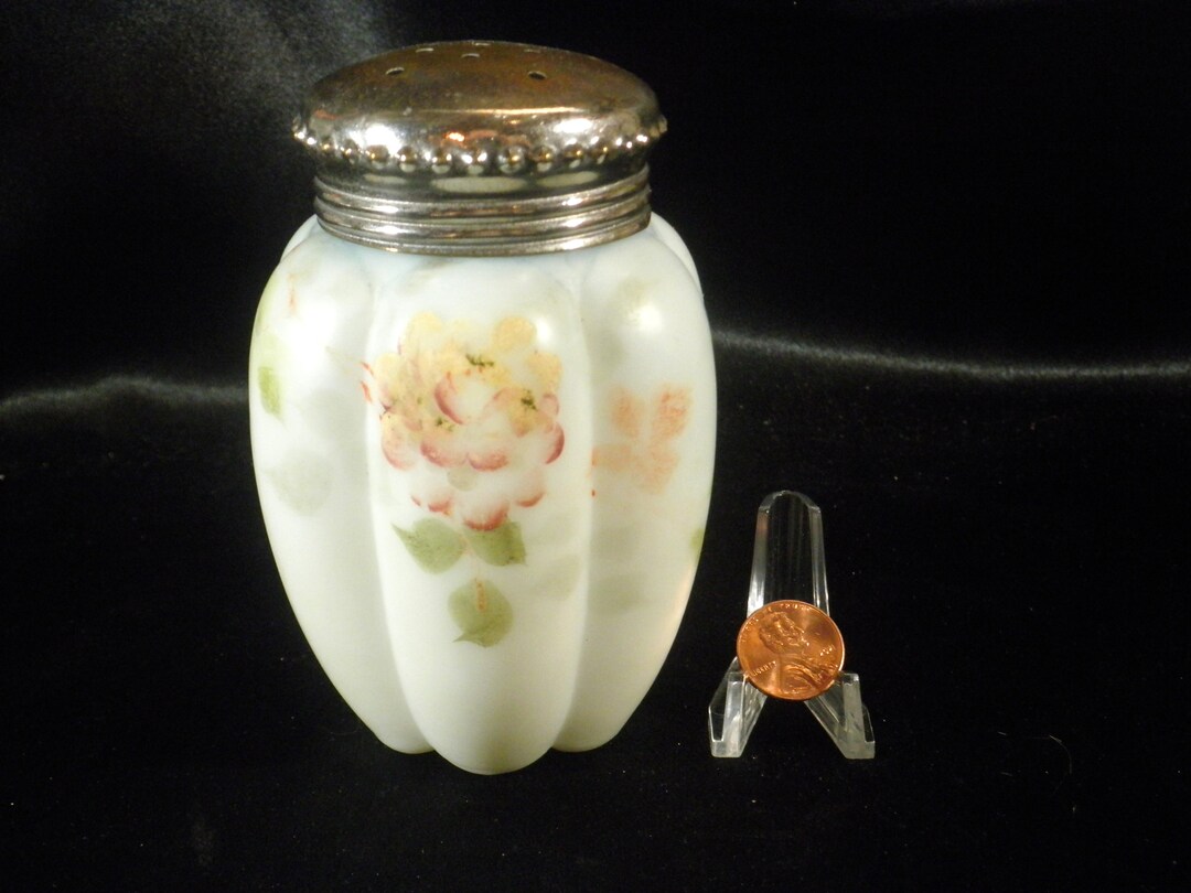 Gillinder & Sons 1890's Hand Painted Opal Satin Sugar Shaker Muffineer ...