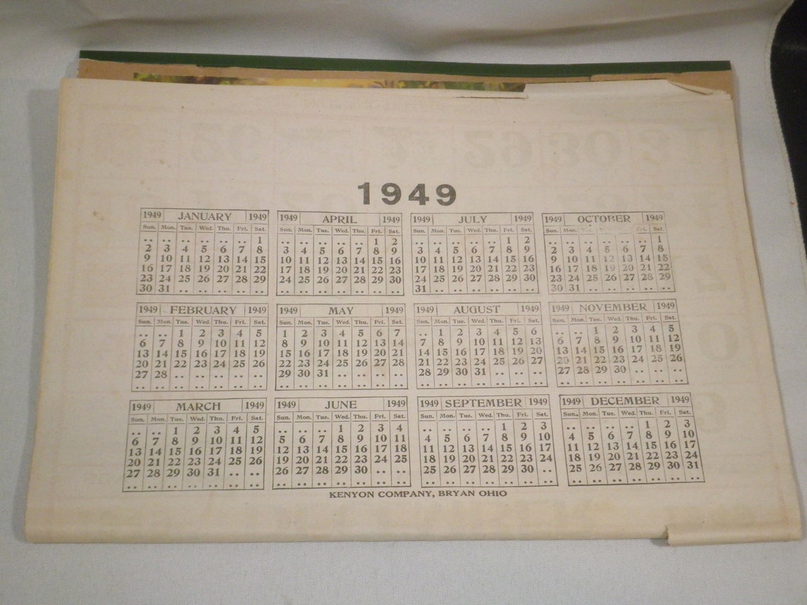 Vintage 1949 Indian Maiden Calendar Complete - Kenyon Co., Bryan, Ohio ...