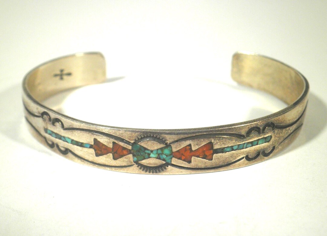 Vintage Gene Gibson, Navajo Sterling Silver Crushed Turquoise & Coral ...
