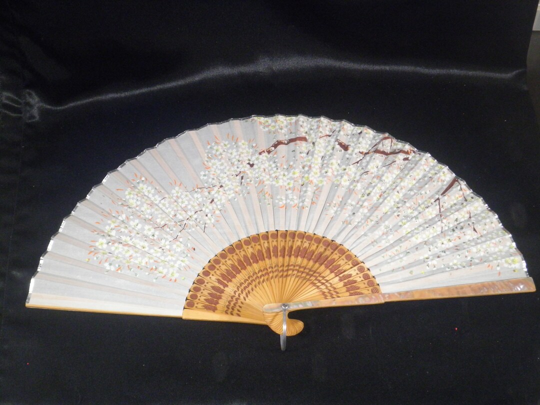 Antique Japanese Silk Fan Cherry Blossom Mother of Pearl Sticks Bamboo ...